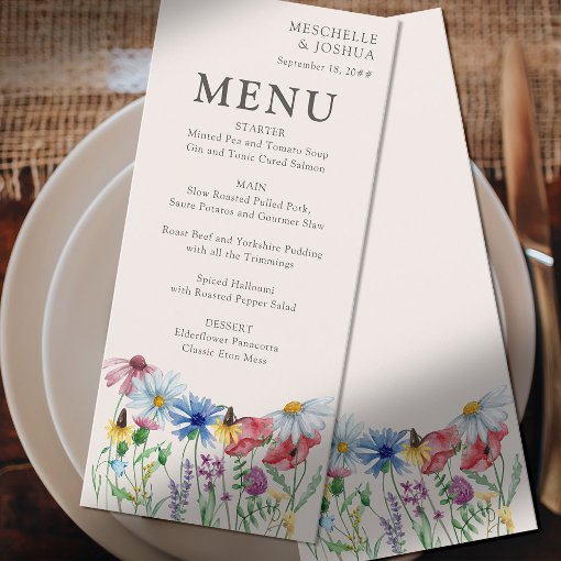 Wildflower Charm Country Floral Wedding Menu | Zazzle