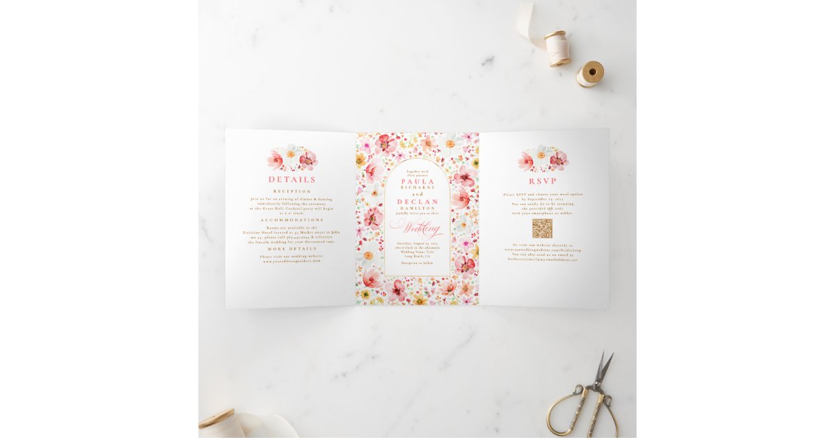 Wildflower Elegant Boho Garden Wedding Photo Tri-Fold Invitation | Zazzle