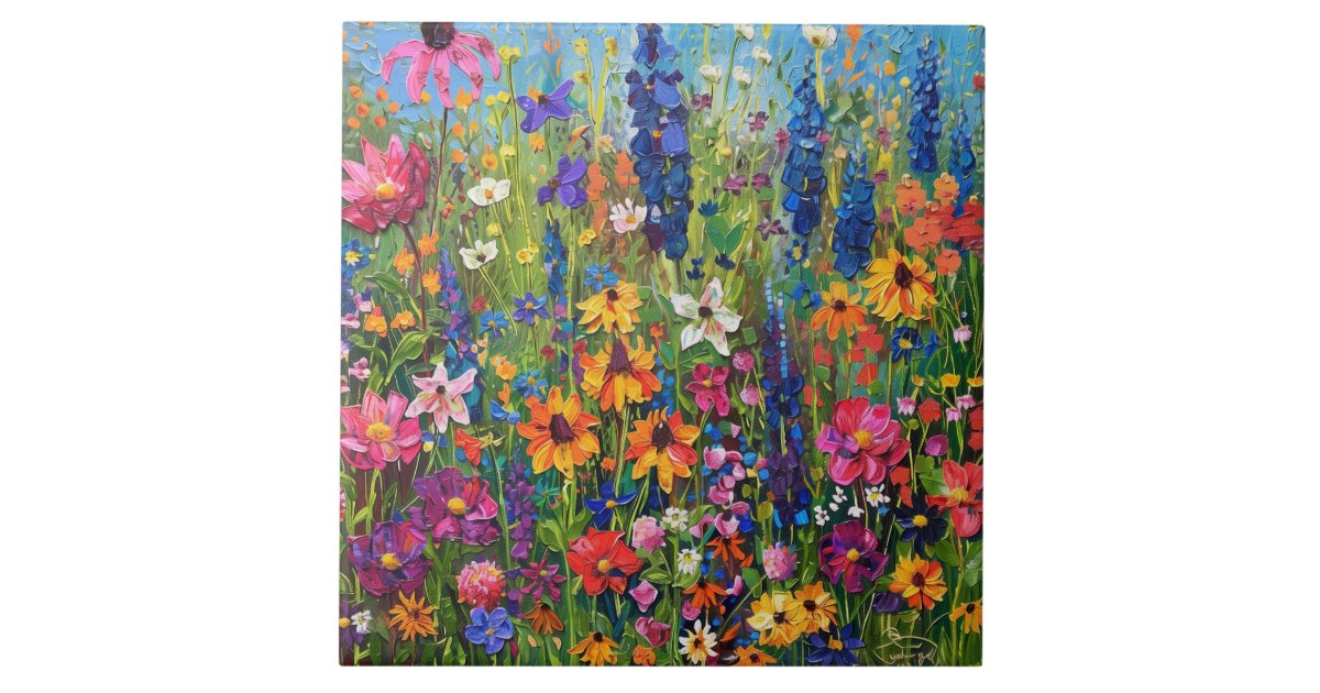 Wildflower field painting ceramic tile | Zazzle