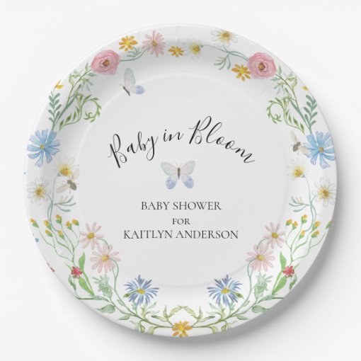 Wildflower Floral Baby in Bloom Butterfly Shower Paper Plates | Zazzle