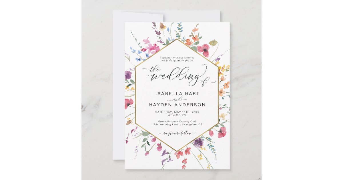 Wildflower Floral Boho Botanical Gold Wedding Invi Invitation | Zazzle