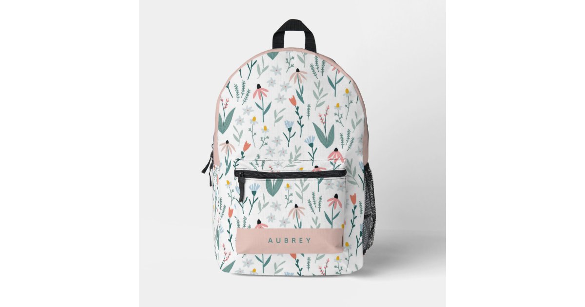 Wildflower Floral Garden Pattern White & Pink Printed Backpack | Zazzle