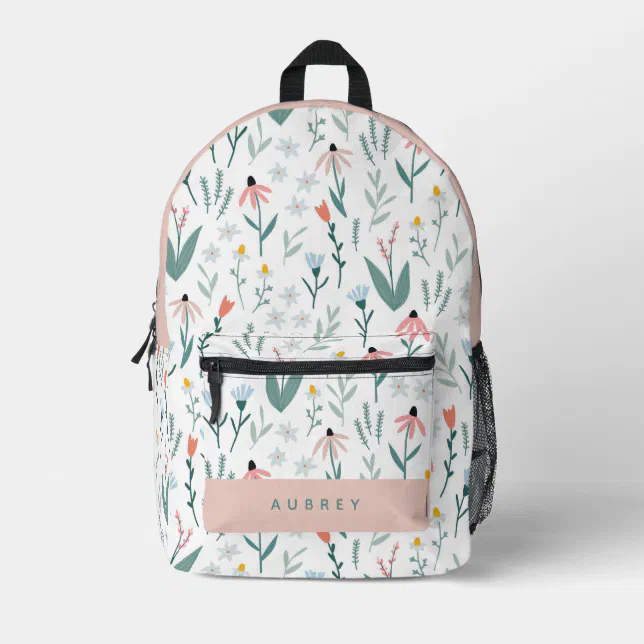 Wildflower Floral Garden Pattern White & Pink Printed Backpack | Zazzle