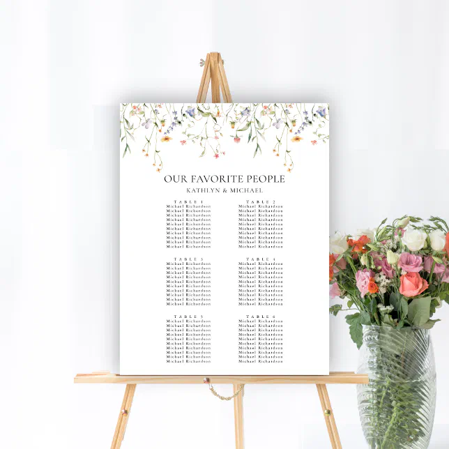 Wildflower Floral Garden Wedding 6 Table Seating Poster | Zazzle