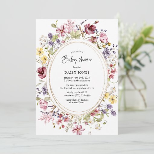 Wildflower & Gold Oval Baby Shower Invitation | Zazzle