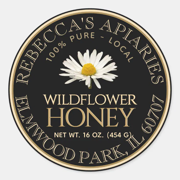 Wildflower Honey Black Daisy Custom Product Label | Zazzle