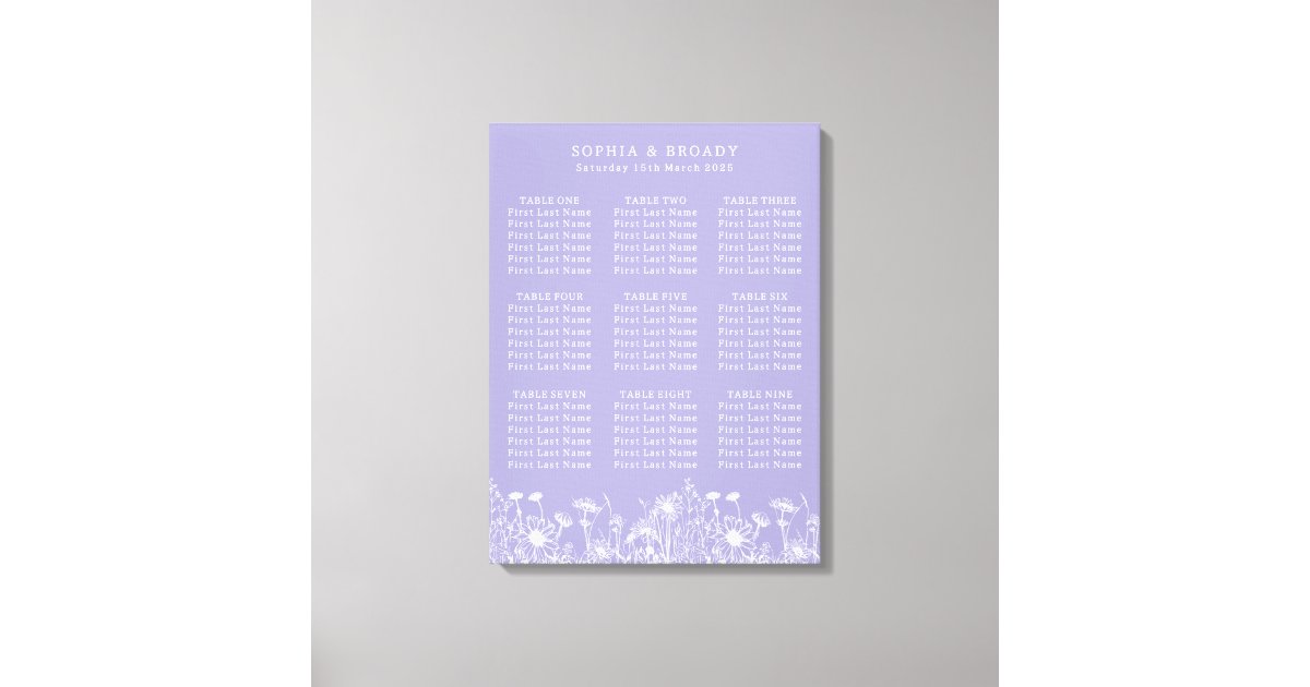 Wildflower Lavender Seating Chart Canvas Print | Zazzle