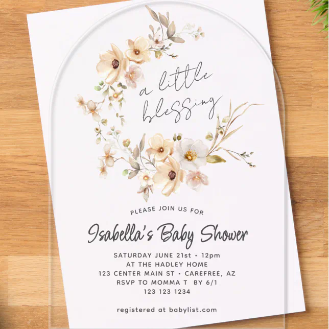 Wildflower Little Blessing Baby Shower Acrylic Invitations | Zazzle