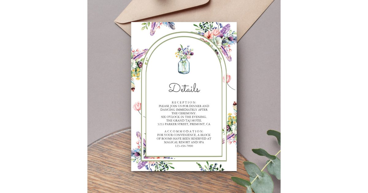 Wildflower Mason Jar Arch Wedding Details Enclosure Card | Zazzle