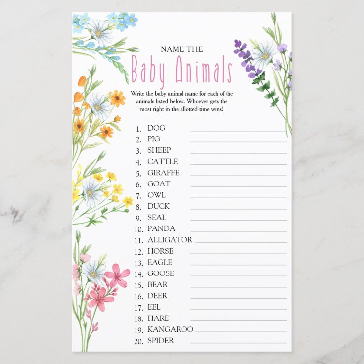 Wildflower Meadow Baby Animal Name Quiz Game | Zazzle