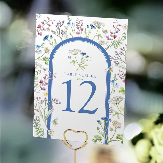 Wildflower meadow floral watercolor blue wedding table number | Zazzle