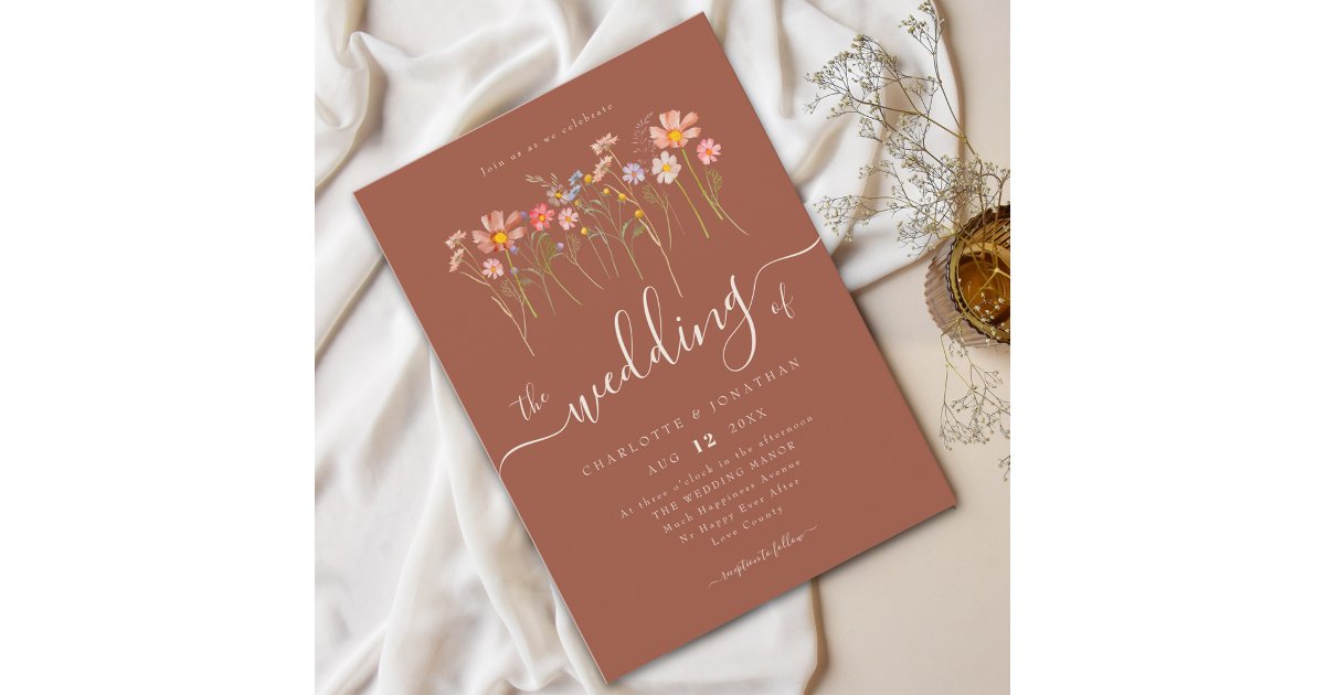 Wildflower Meadow Modern Script Terracotta & Beige Invitation | Zazzle