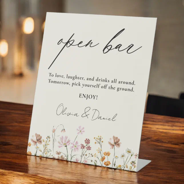Wildflower Meadow Open Bar Wedding Pedestal Sign | Zazzle