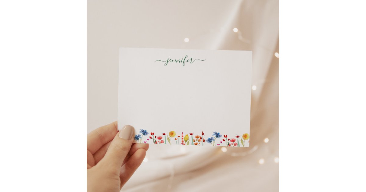 Wildflower Meadow Personalized Green Script Note Card | Zazzle