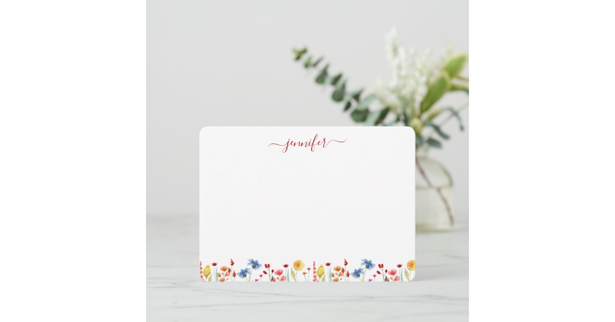 Wildflower Meadow Personalized Red Script Note Card | Zazzle