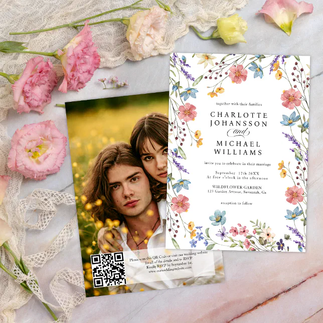Wildflower Modern Rustic Garden Photo Wedding Invitation | Zazzle