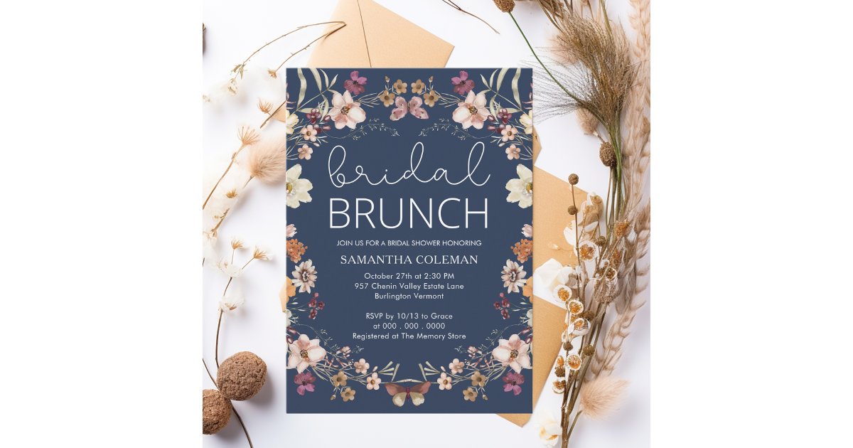 Wildflower Navy Blue Bridal Brunch Bridal Shower Invitation | Zazzle