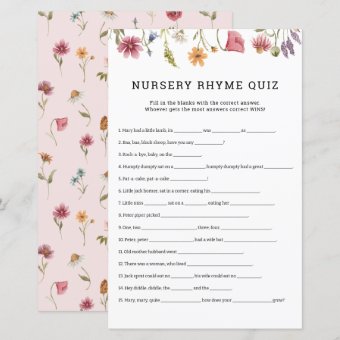 Wildflower Nursery Rhymes Quiz Baby Shower Game | Zazzle