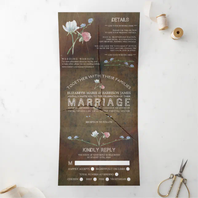 Wildflower Oak Wood Wedding Suite Tri-Fold Invitation | Zazzle