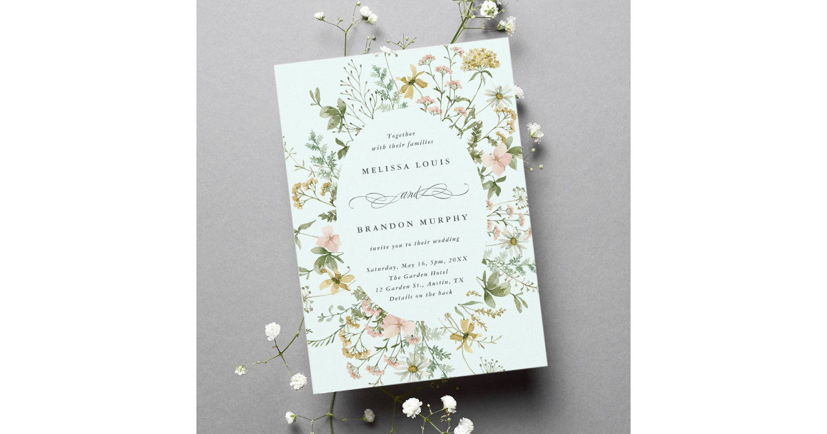 Wildflower Oval Frame Wedding Mint Invitation | Zazzle