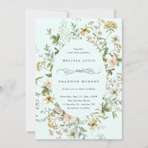 Wildflower Oval Frame Wedding Mint Invitation | Zazzle
