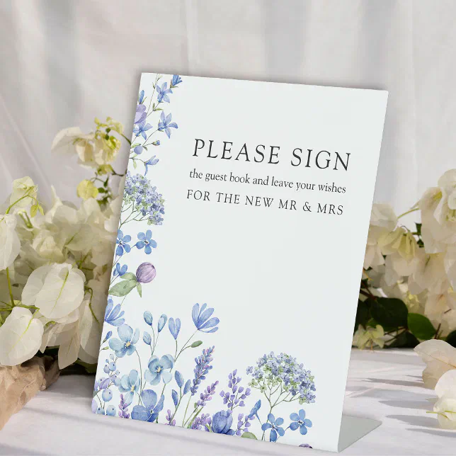 Wildflower Periwinkle Floral Wedding Guest Book Pedestal Sign | Zazzle