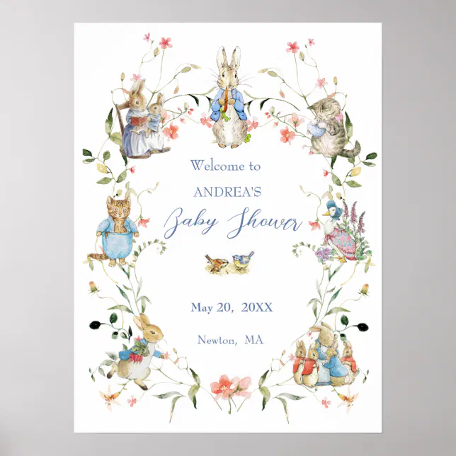 Wildflower Peter the Rabbit Baby Shower Welcome Poster | Zazzle