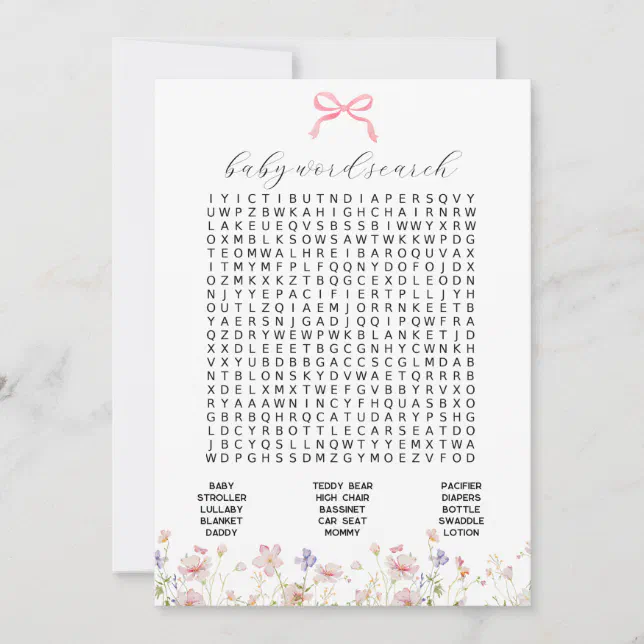 Wildflower Pink Bow Baby Word Search Game Card | Zazzle