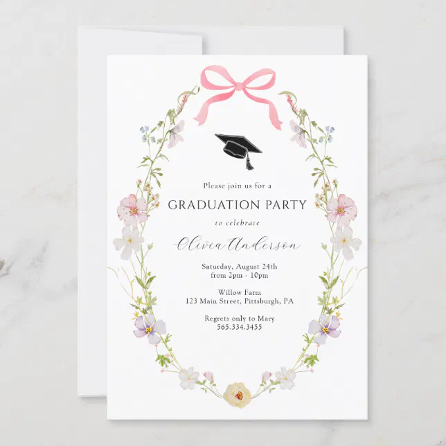 Wildflower Pink Bow Graduation Party Invitation | Zazzle