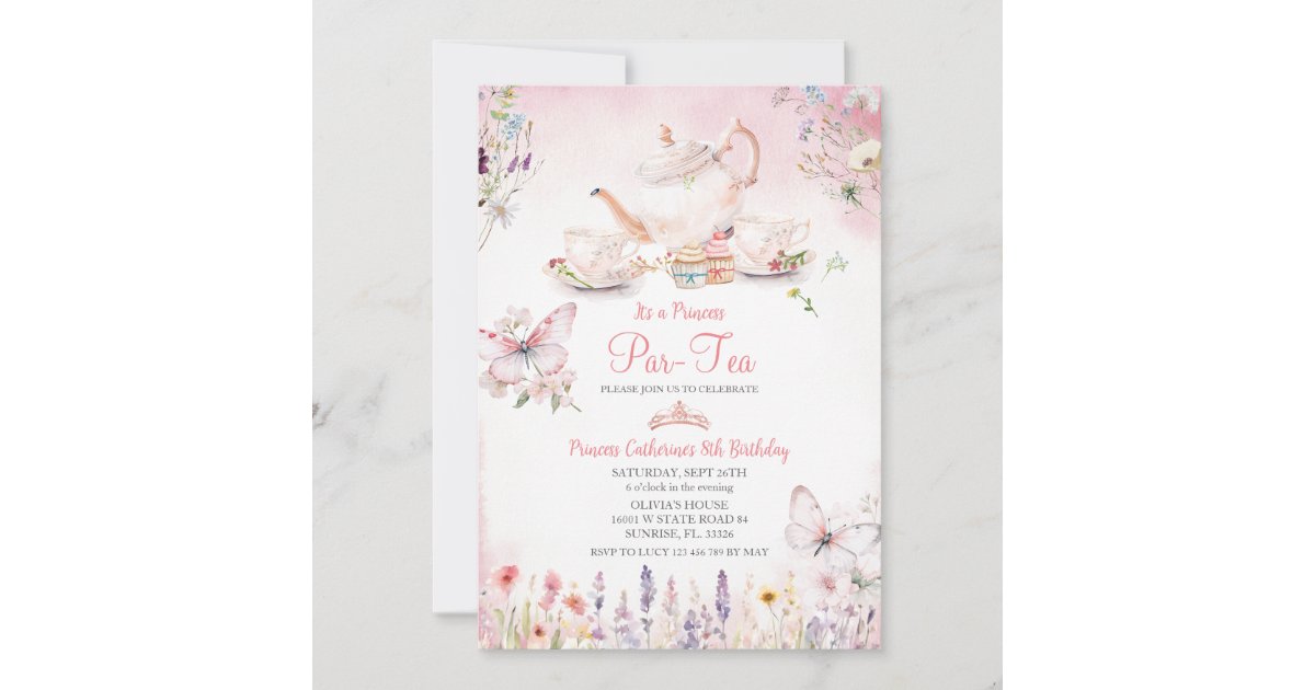 Wildflower Princess ParTea Pink Butterfly Birthday Invitation | Zazzle