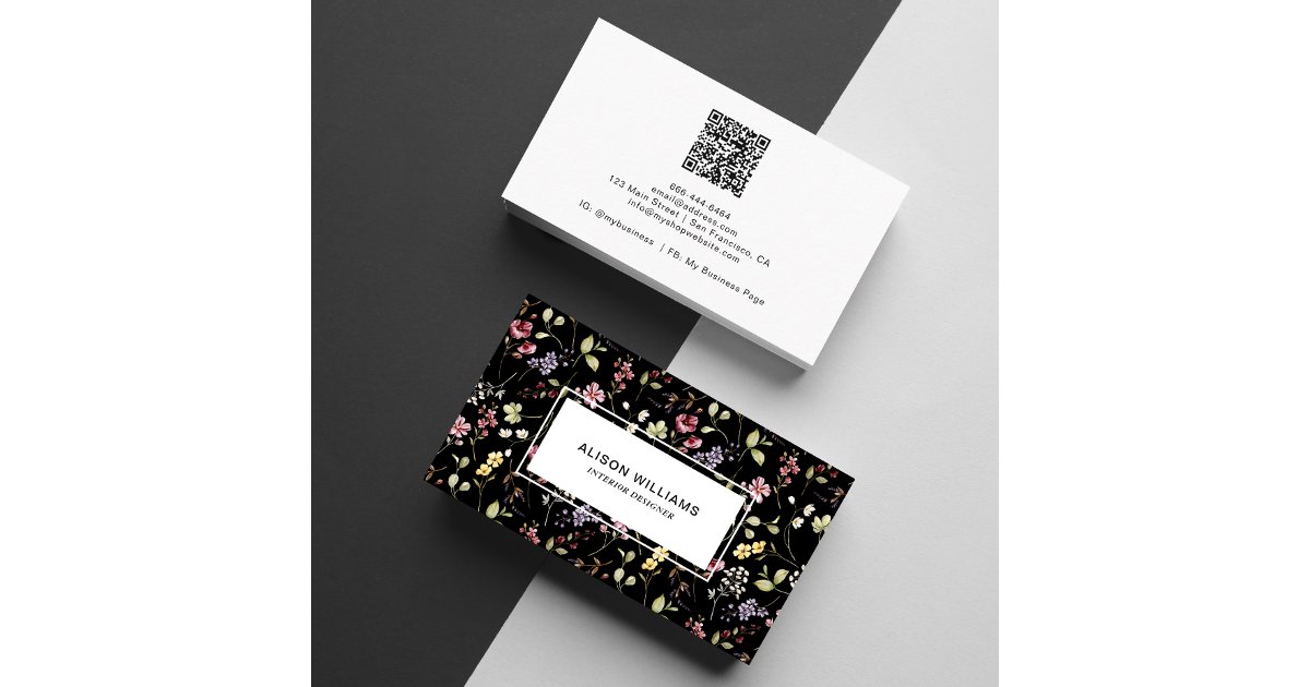 Wildflower QR Code Spring Floral Black Business Card | Zazzle