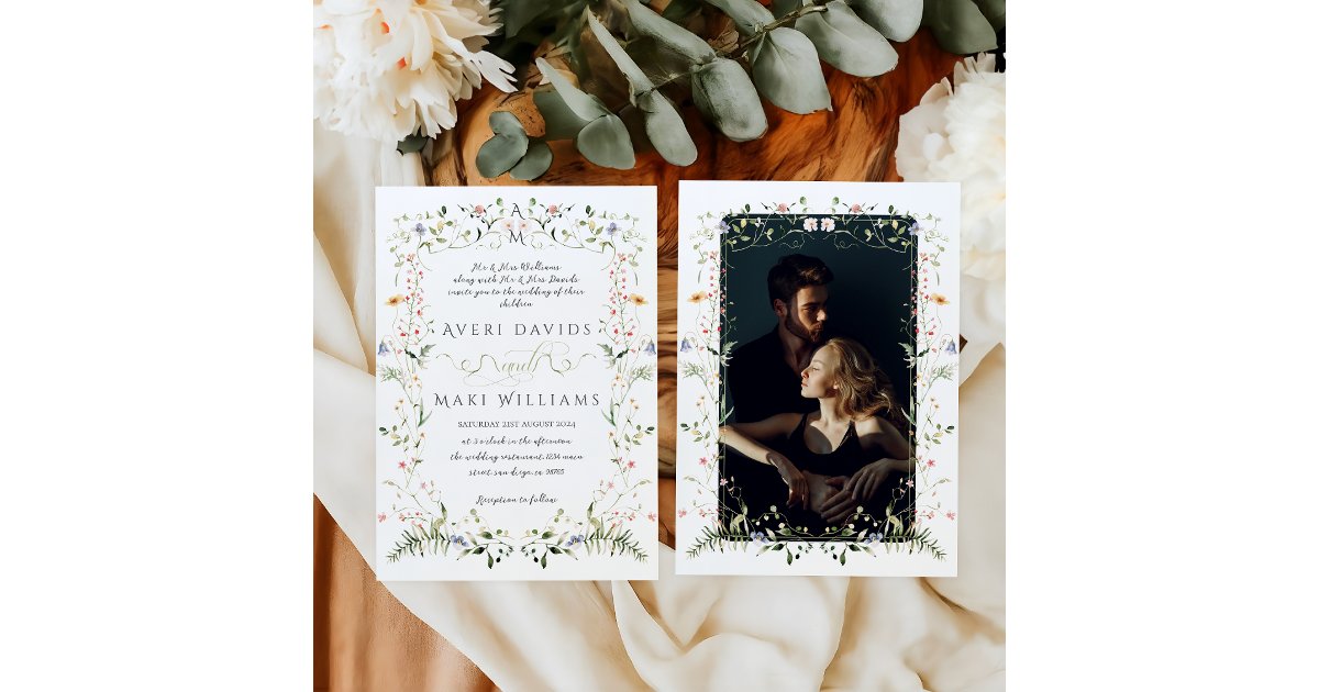 Wildflower Rustic Boho Floral Photo Wedding Invitation | Zazzle