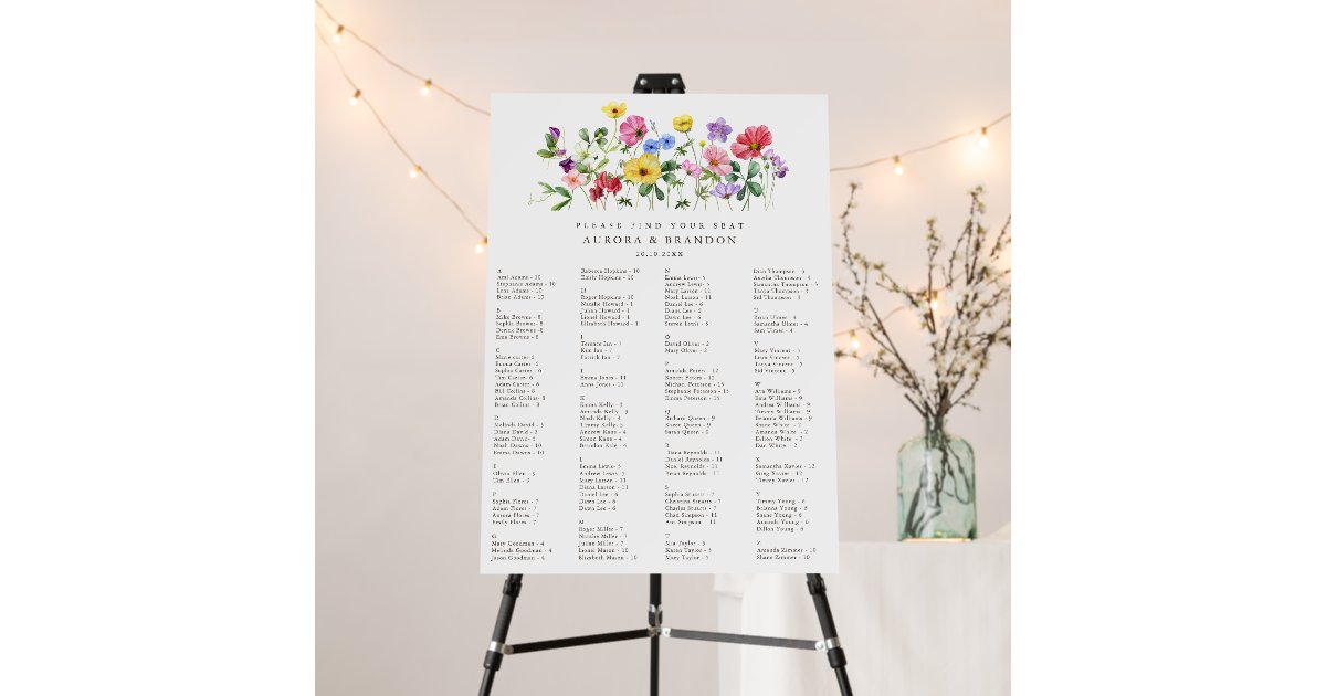 Wildflower Rustic Chic Floral Boho Seating Chart Foam Board | Zazzle