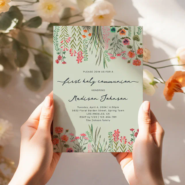 Wildflower Sage Green First Holy Communion Invitation | Zazzle