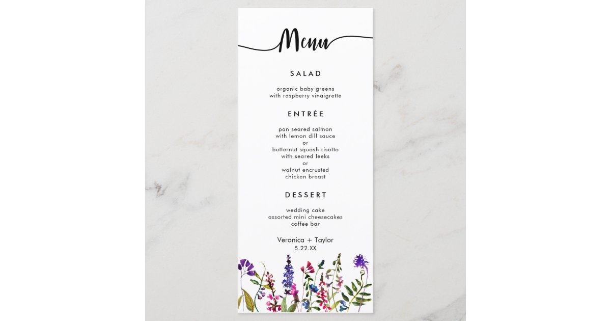 Wildflower Simple 3 course wedding menu | Zazzle