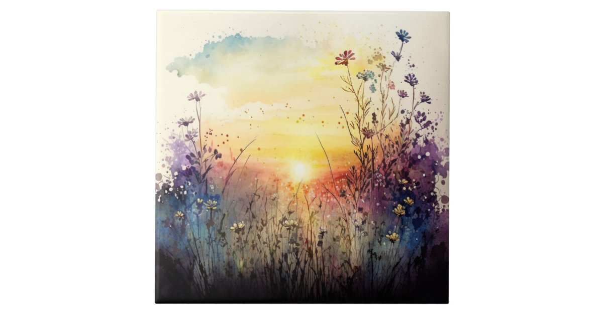 Wildflower Sunset Watercolor Artwork Ceramic Tile | Zazzle