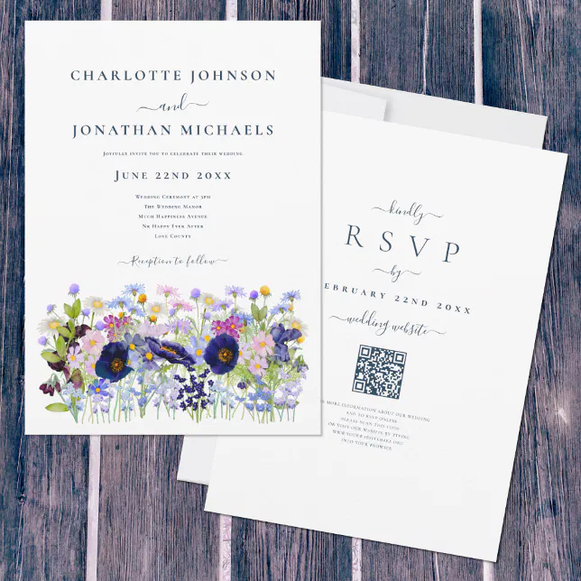 Wildflower Watercolor Blue QR Code Wedding Invitation | Zazzle