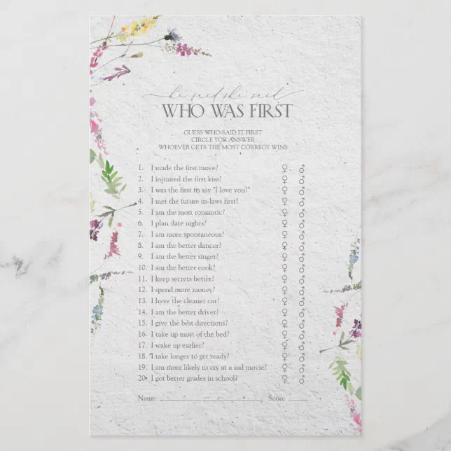 Wildflower Watercolor Floral Bridal Shower Game | Zazzle