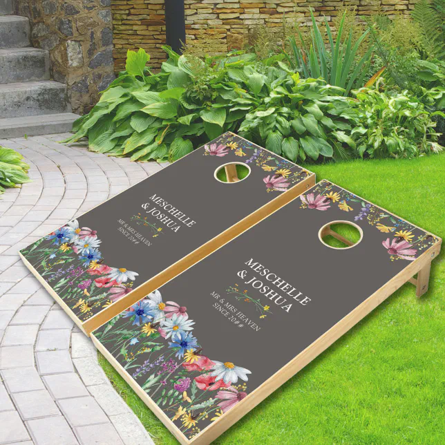 Wildflower Wedding Anniversary Brown Rustic Floral Cornhole Set | Zazzle