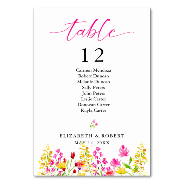 Wildflower Wedding Floral Seating Chart Script Table Number | Zazzle