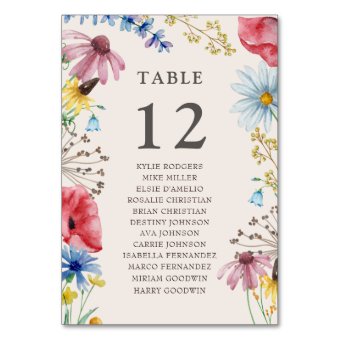 Wildflower Wedding Table Floral Seating Chart Table Number | Zazzle