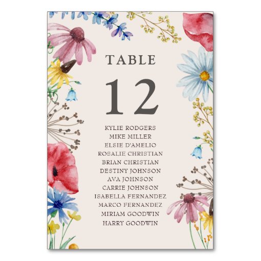 Wildflower Wedding Table Floral Seating Chart Table Number | Zazzle