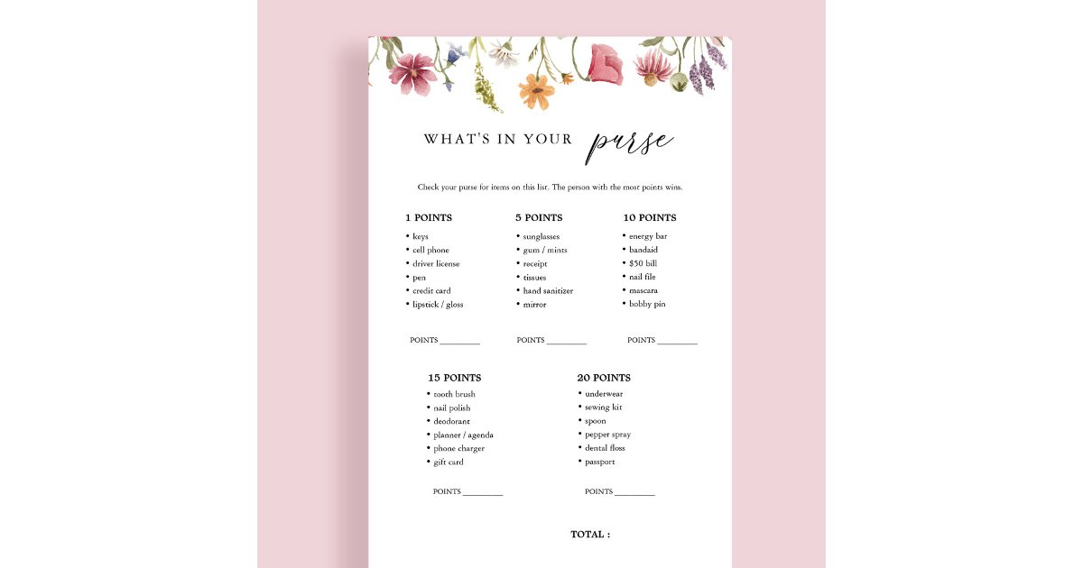 Wildflower What's In Your Purse Bridal Game | Zazzle
