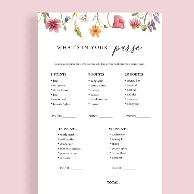 Wildflower What's In Your Purse Bridal Game | Zazzle