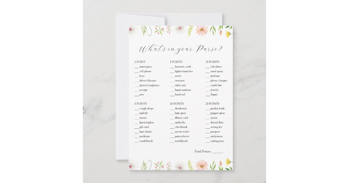 Wildflower What's in Your Purse Bridal Game Card | Zazzle