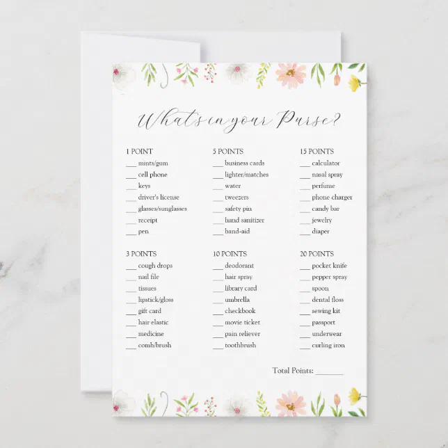 Wildflower What's in Your Purse Bridal Game Card | Zazzle