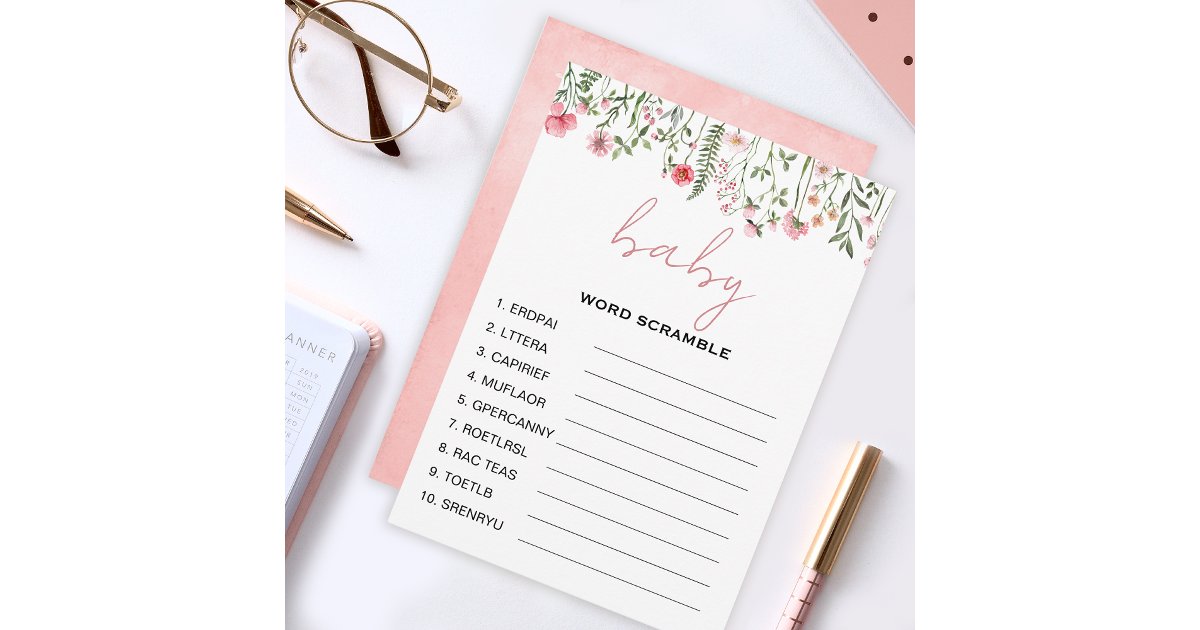 Wildflower word scramble baby shower games advice card | Zazzle