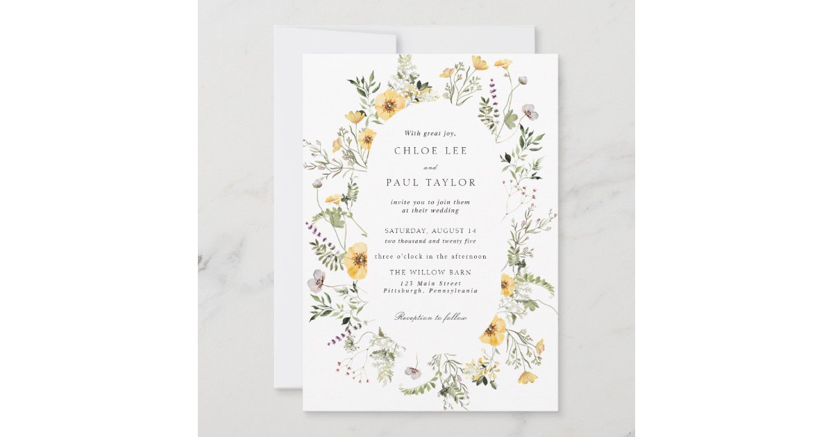 Wildflower Yellow Elegant Frame Wedding Invitation | Zazzle