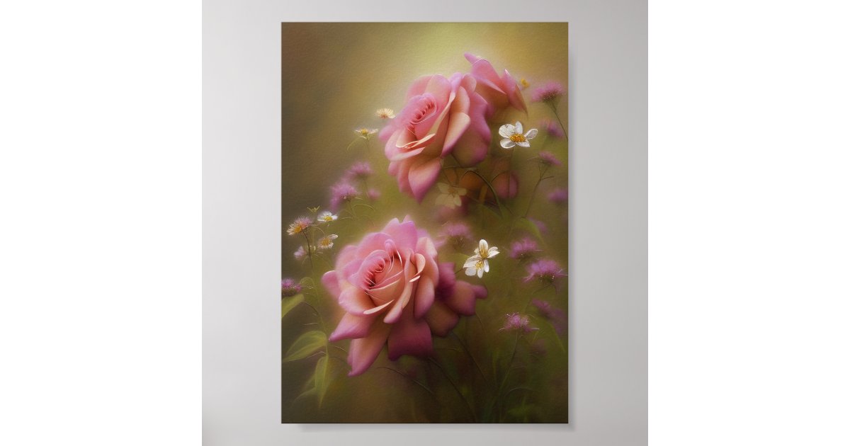 Wildflowers and pink roses poster | Zazzle