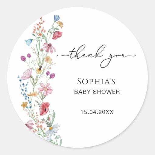 Wildflowers Baby shower Thank you Classic Round Sticker | Zazzle